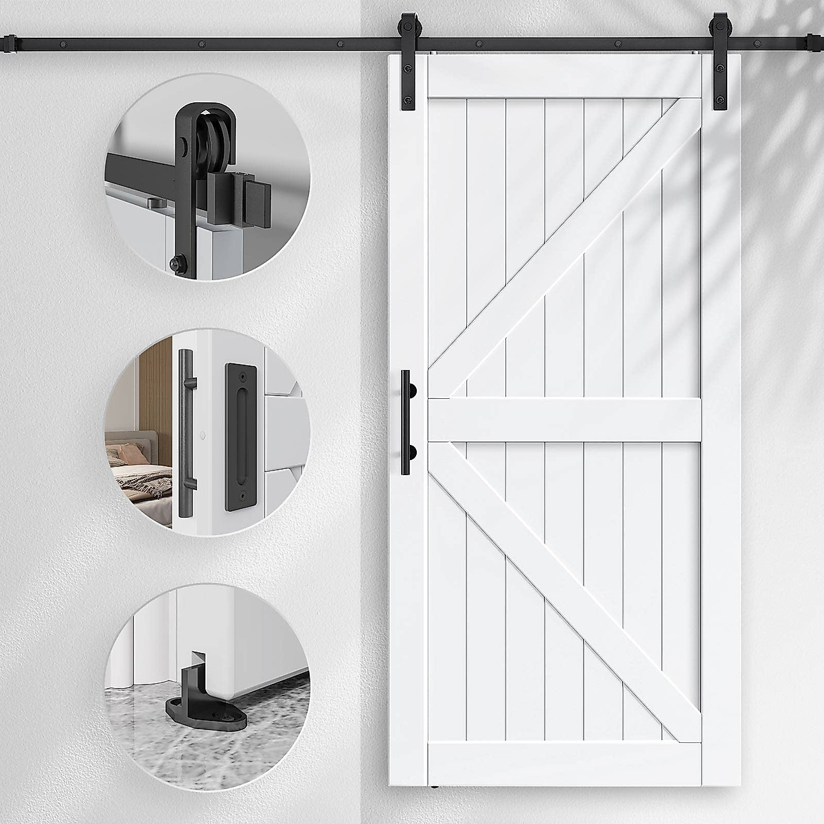 EaseLife 42in x 84in Sliding Barn Door with 7FT Barn Door Hardware Track Kit Included,Solid LVL Wood Slab Covered with Water-Proof & Scratch-Resistant PVC Surface,DIY Assembly,Easy Install,White