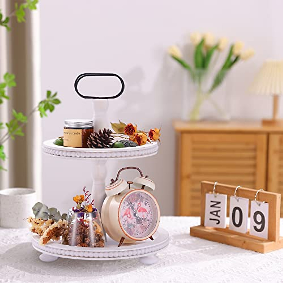 Urban Deco Wooden Decorative Tray Two Tiered Tray Decorations Round Serving Tray with Metal Handle, Wooden Cupcake Stand for Party Tiered Dessert Stand - Retro White Farmhouse Wooden Tray