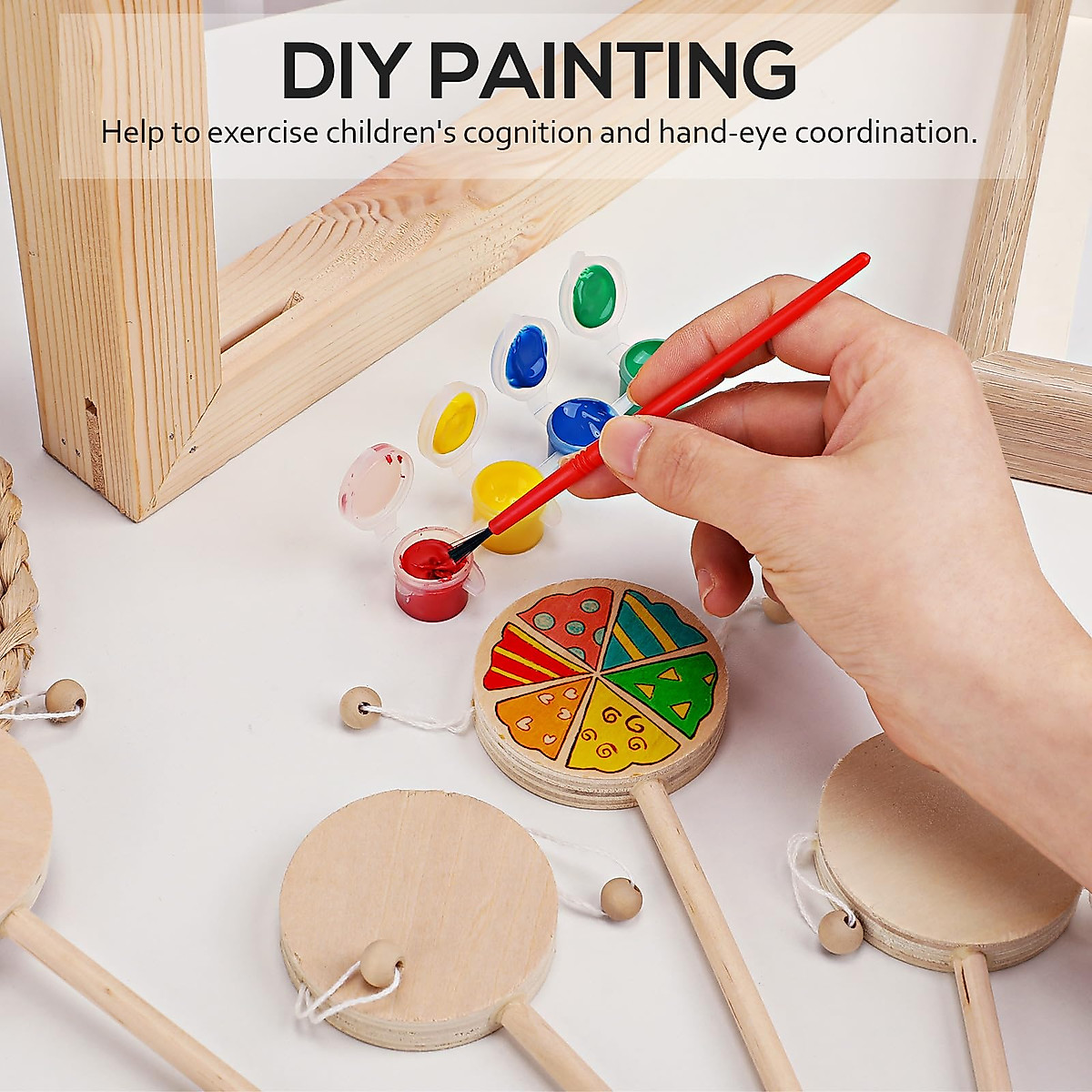 Exceart 8Pcs Unfinshed Wood Toys Wooden Rattle Toy Rattle Drum Toy DIY Painting Craft with Pigment and Pen for Kids Girl Child