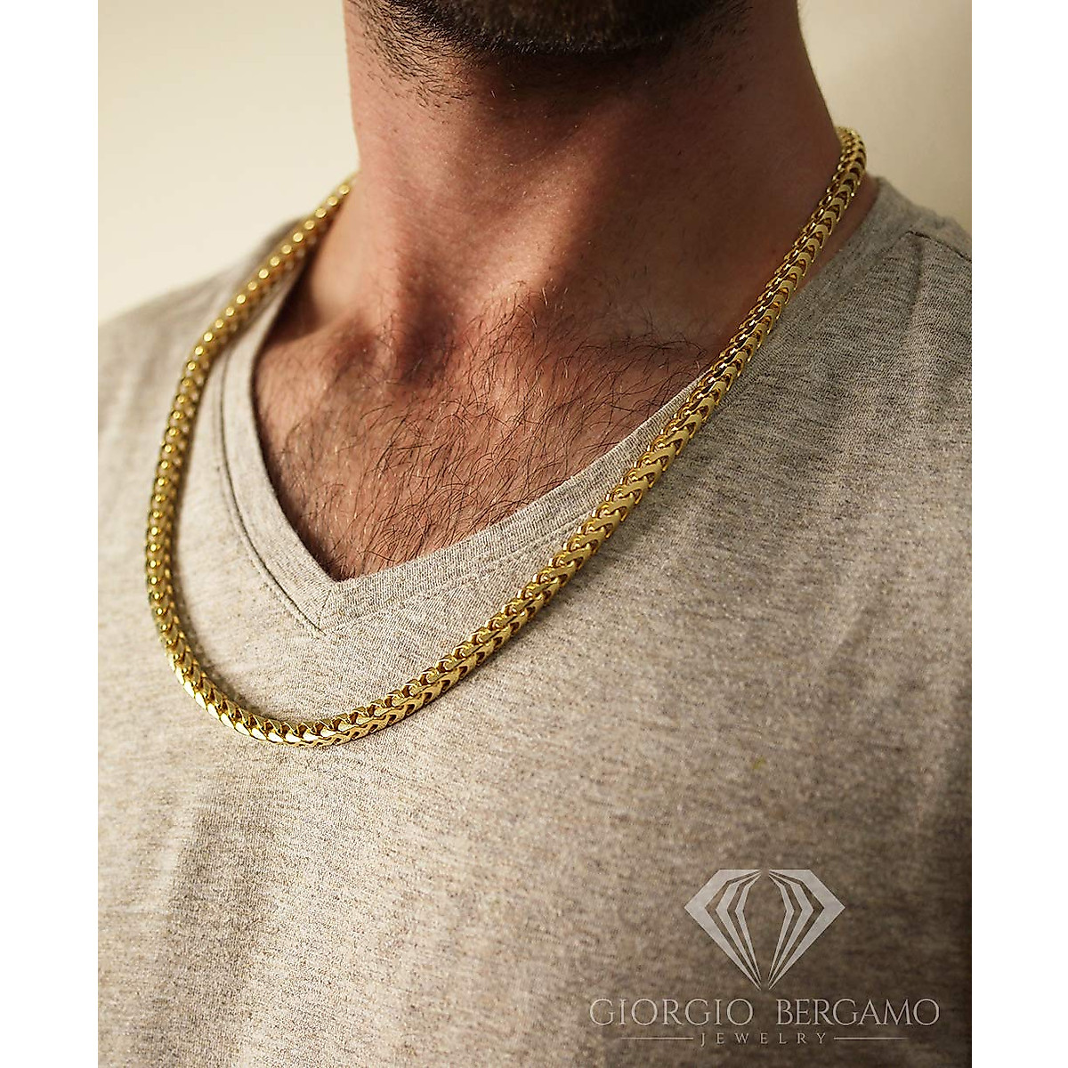 Giorgio Bergamo 925 Italian Sterling Silver 5mm Solid Franco Chain, Yellow Gold Plated Square Box Link Necklace, (30)