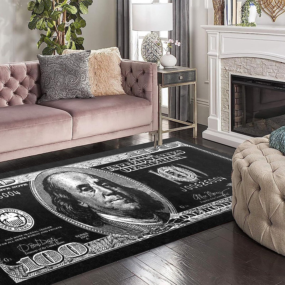 NITUMIR 4×6 Rug for Room Decoration Black and White Money Area Rugs Modern 100 Dollar Bill Rugs for Living Room Non-Slip Runner Rug for Bedroom Office Dining Room, Washable Cash Art Carpet 47”x71”
