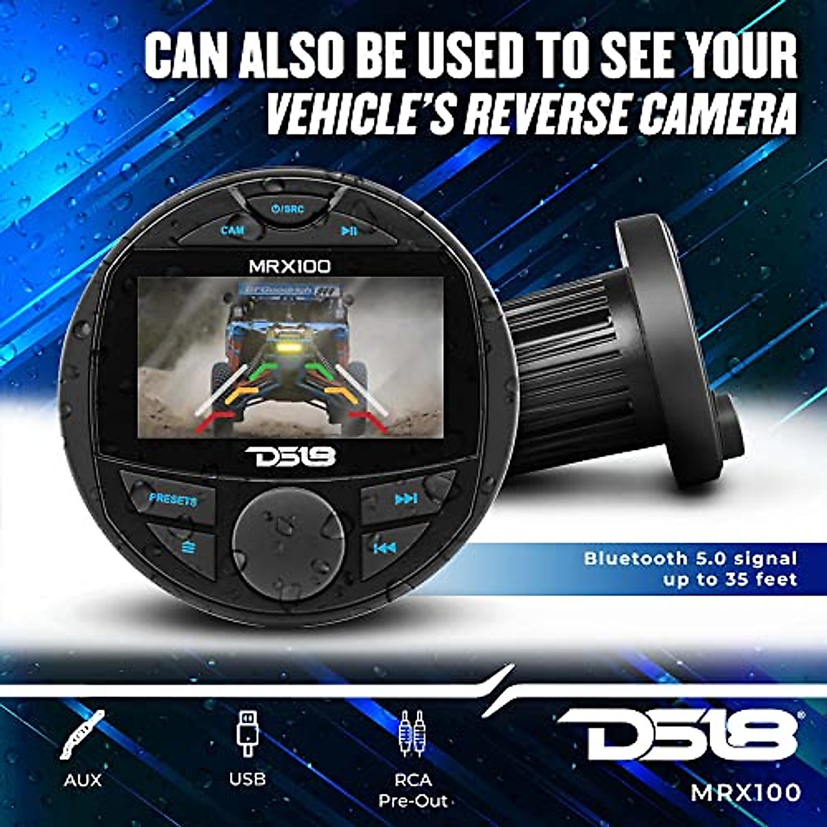 DS18 MRX100 Marine Boat Head Unit - 2 Zones, 4 Volts Output, RDS 4X40 Watts, TFT Video Screen, No CD Player, Bluetooth Audio, IPX6 Rated, USB, MP3, AM/FM Radio Receiver