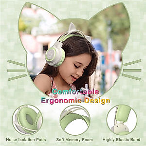 Gaming Headset with Removable Cat Ears, 3.5mm Wired Headphones with Adjustable Microphone, Extendable Padded headband, Noise Cancelling and RGB Light Headphones for Xbox/PS4/Switch/Mac/Phone (Green)