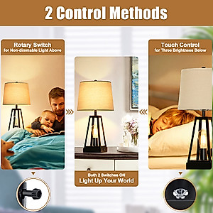 Set of 2 Farmhouse Touch Table Lamps with USB Ports, 3-Way Dimmable Bedside Nightstand Lamps, 2 Light Rustic Industrial Table Lamps for Living Room Bedrooms Reading Room, Rotary Switch, Bulbs Included