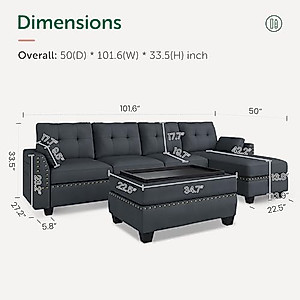 HONBAY Convertible Sectional Sofa Couch Set L-Shape Sofa Couch Set 4 Seat Sofa Sectional with Storage Ottoman for Living Room,Bluish Grey (Sectional+Tray Ottoman)