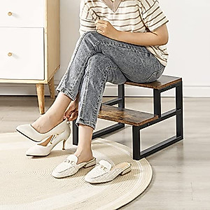 IBUYKE 2-Step Wooden Step Stools for Kids Adults,with Metal Frame, Holds Up to 500lb, Bedside Steping Foot Stool for Bedroom, Livingroom, Kitchen, Rustic Brown TBD002H