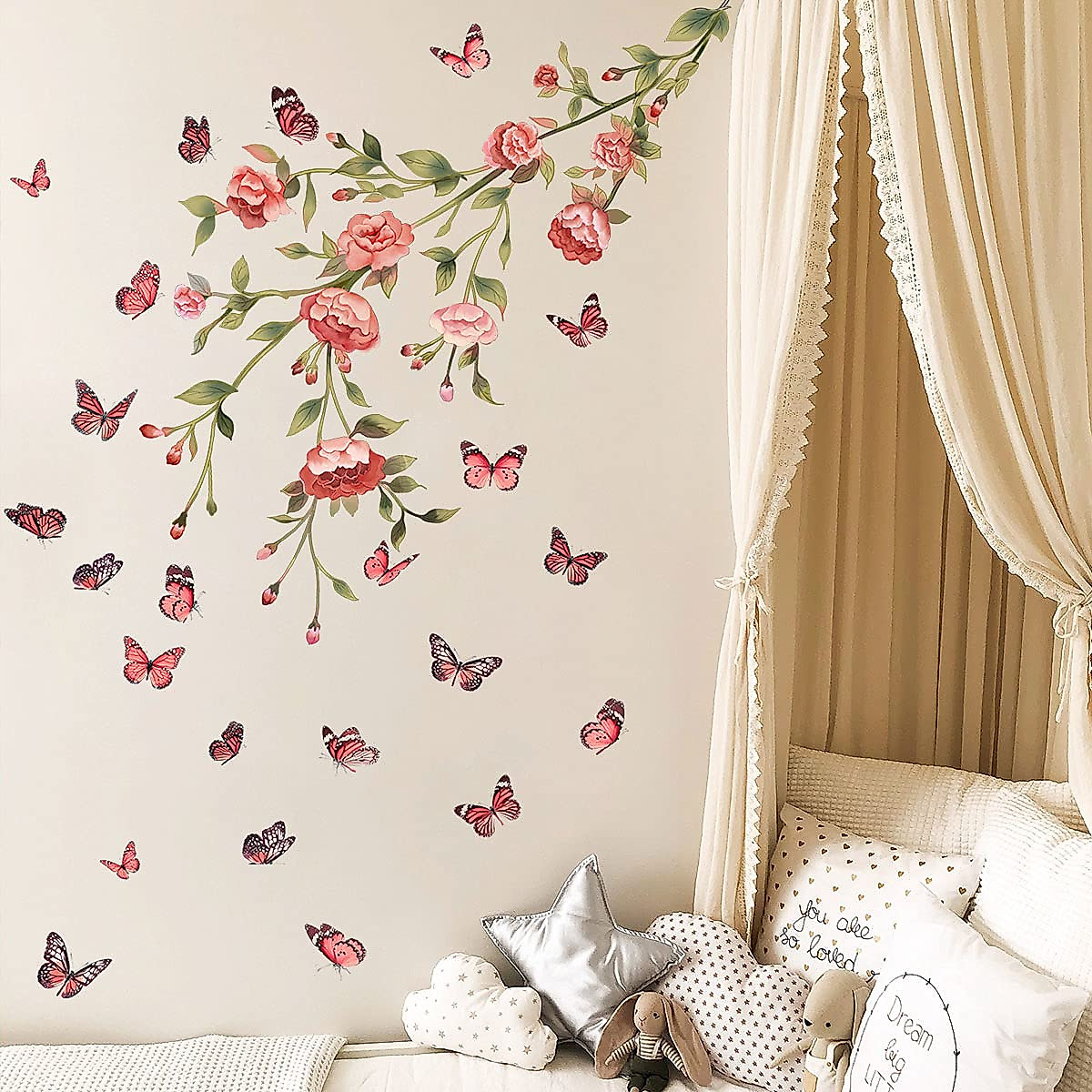 Cute Peony Flower Wall Decals Pink Rose Floral Wall Decals Butterfly Wall Stickers Removable Peel and Stick for Kids Room Bedroom Living Room Garden Backyard Wall Decoration