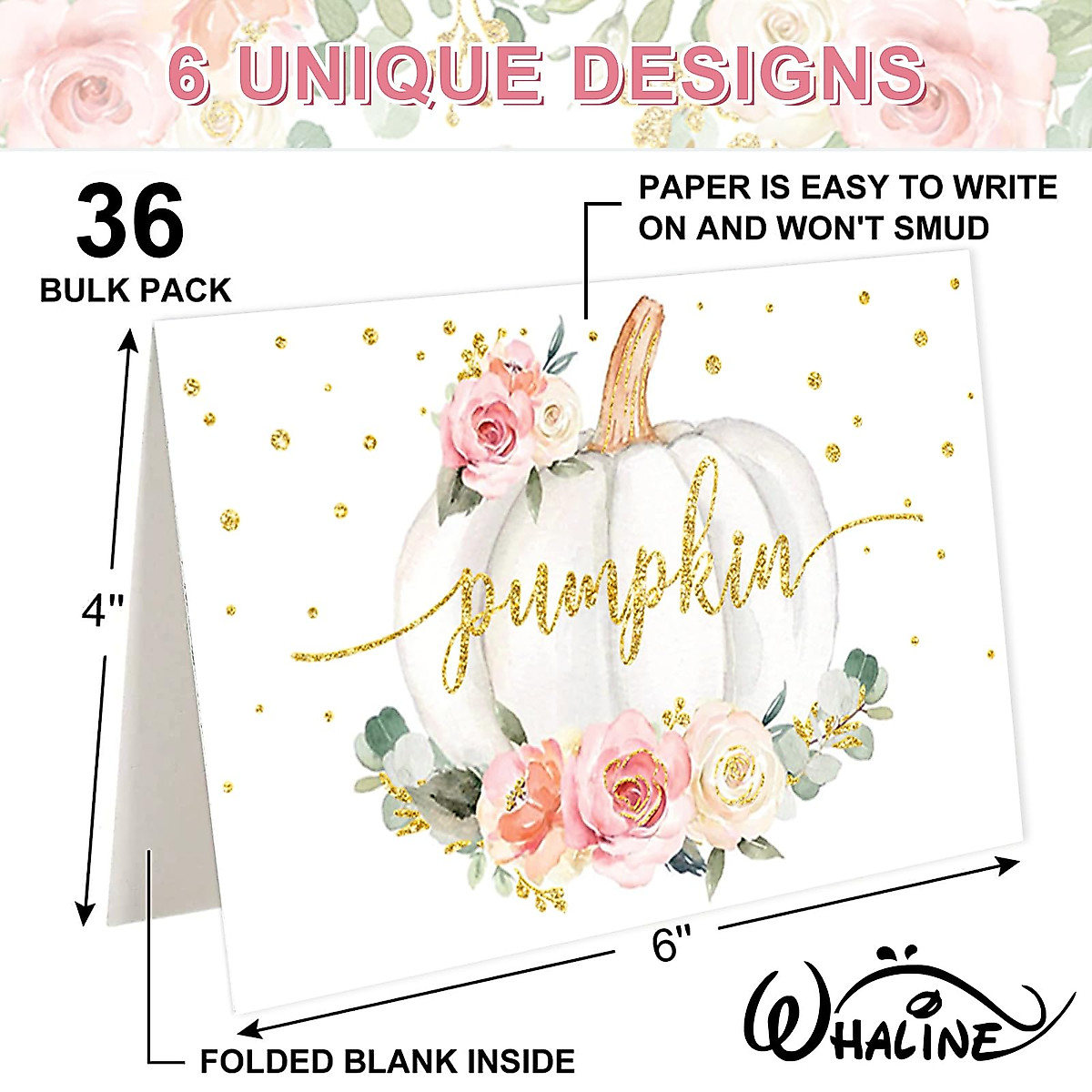 Whaline 36 Pack Fall Gold Foil Thank You Cards Pink Floral Pumpkin Greeting Cards Autumn Blank Note Cards with Stickers Envelopes for Thanksgiving Wedding Bridal Shower