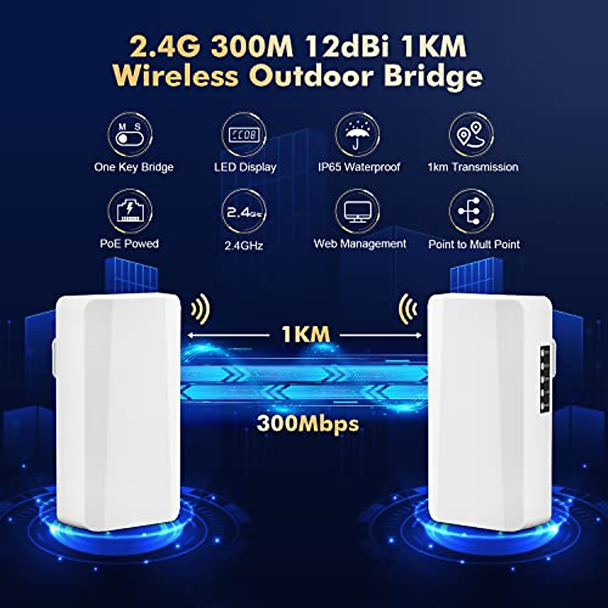 Outdoor Wireless Bridge, Point to Point WiFi Bridge, 2.4GHz 500M-1KM Distance, 2X 100Mbps Ethernet Port, 24V PoE Adapter, 2 Pack