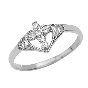 Religious Jewelry Unique Sterling Silver CZ Studded Open Heart Cross Ring (Size 6.5)