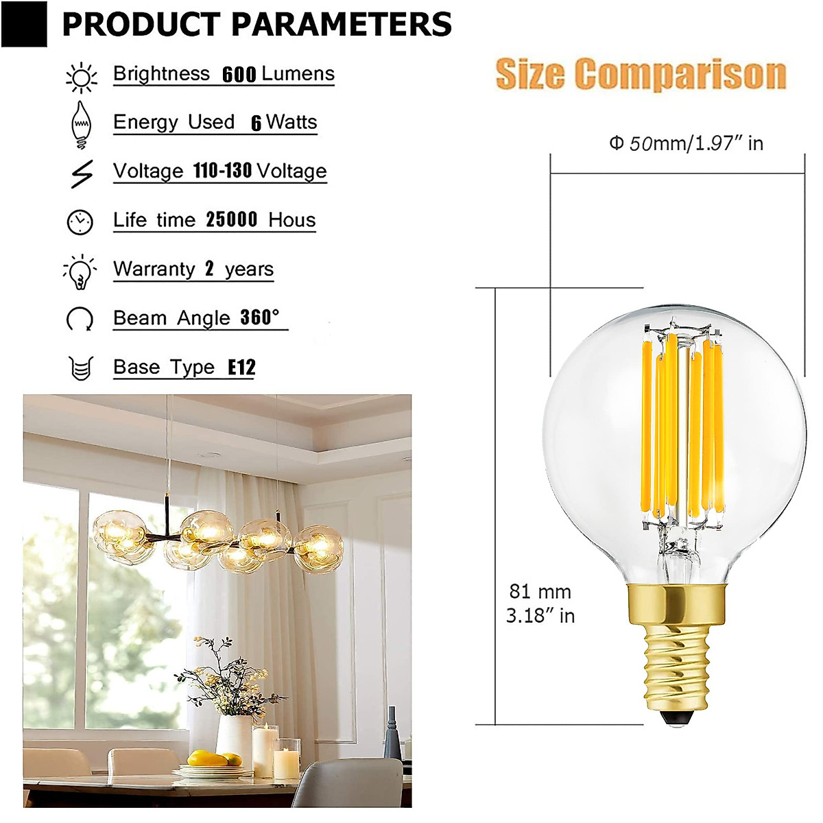 Leools e12 led Bulb dimmable g16.5 6W Equal 60 Watt 600lm AC120V e12 Candelabra Bulb for Chandeliers,Ceiling Fan,Vanity Soft White 3000K Globe e12 Light Bulb 6Pack