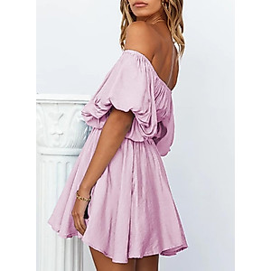 Dokotoo Womens Square Neck Summer Dresses Lantern Sleeve Ruffle A-Line Purple Dresses for Women Elastic Waist Casual Mini Beach Dresses Small