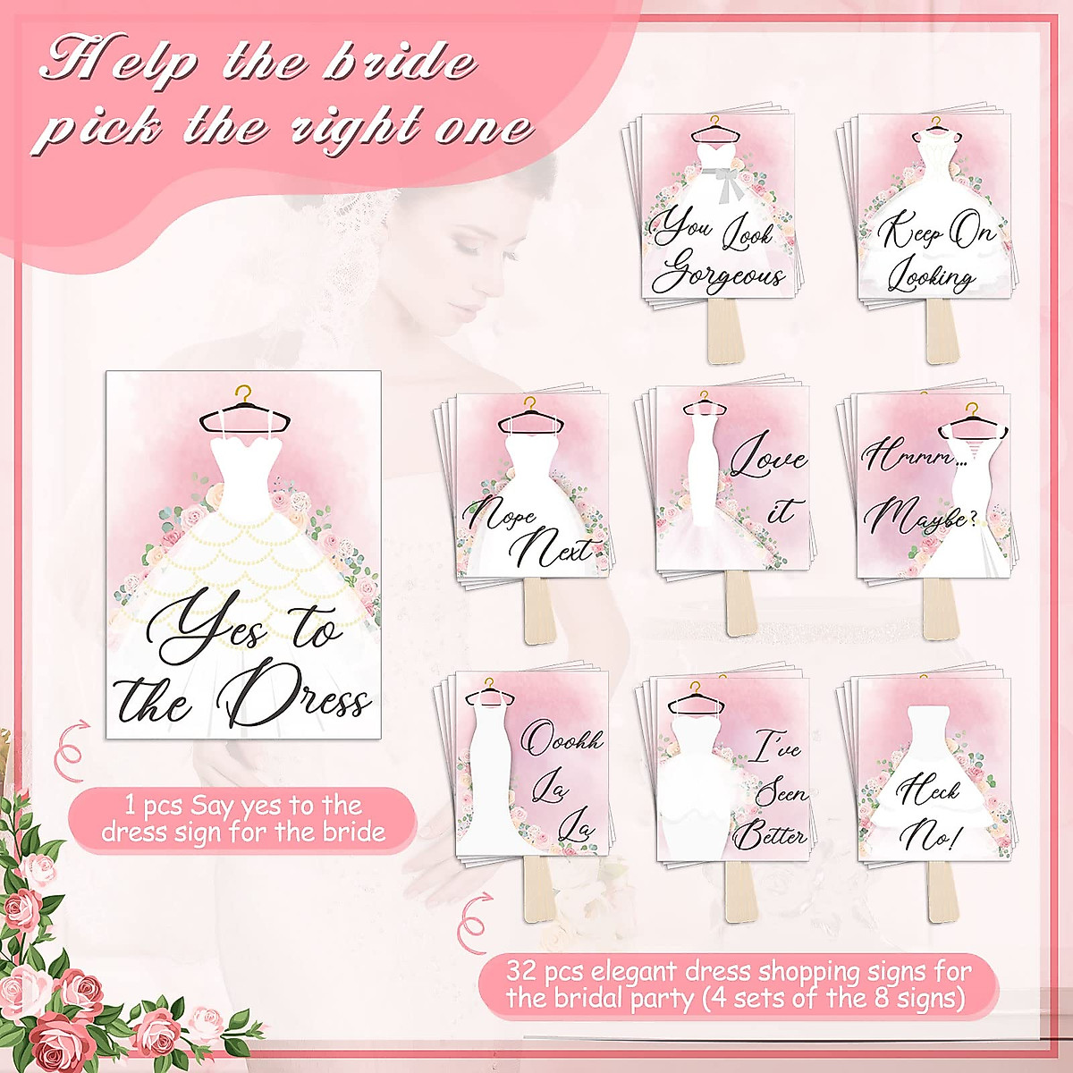 Lewtemi Set of 33 Wedding Dress Shopping Signs Paddles Say Yes to The Props Signs for Bridesmaids and Brides Bachelorette Party Games(Dress Style)