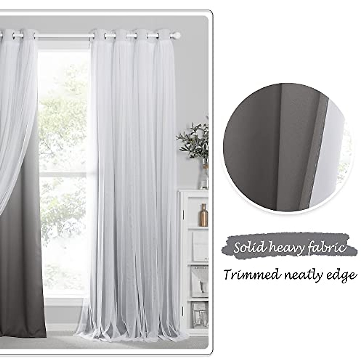 PONY DANCE Living Room Curtains - Blackout Curtains Grey Ombre with White Sheer Overlay Thermal Insulated Mix & Match for Home Decoration with Tie Ropes, W52 x L84 inch, 2 Panels