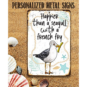 Seagull with French Fry - Great Lake House and Beach House Decor, Coastal Funny Wall Art, Bird Animal Nautical Prints and Gift Idea, 8x12 Indoor or Outdoor Durable Rustic Metal Sign