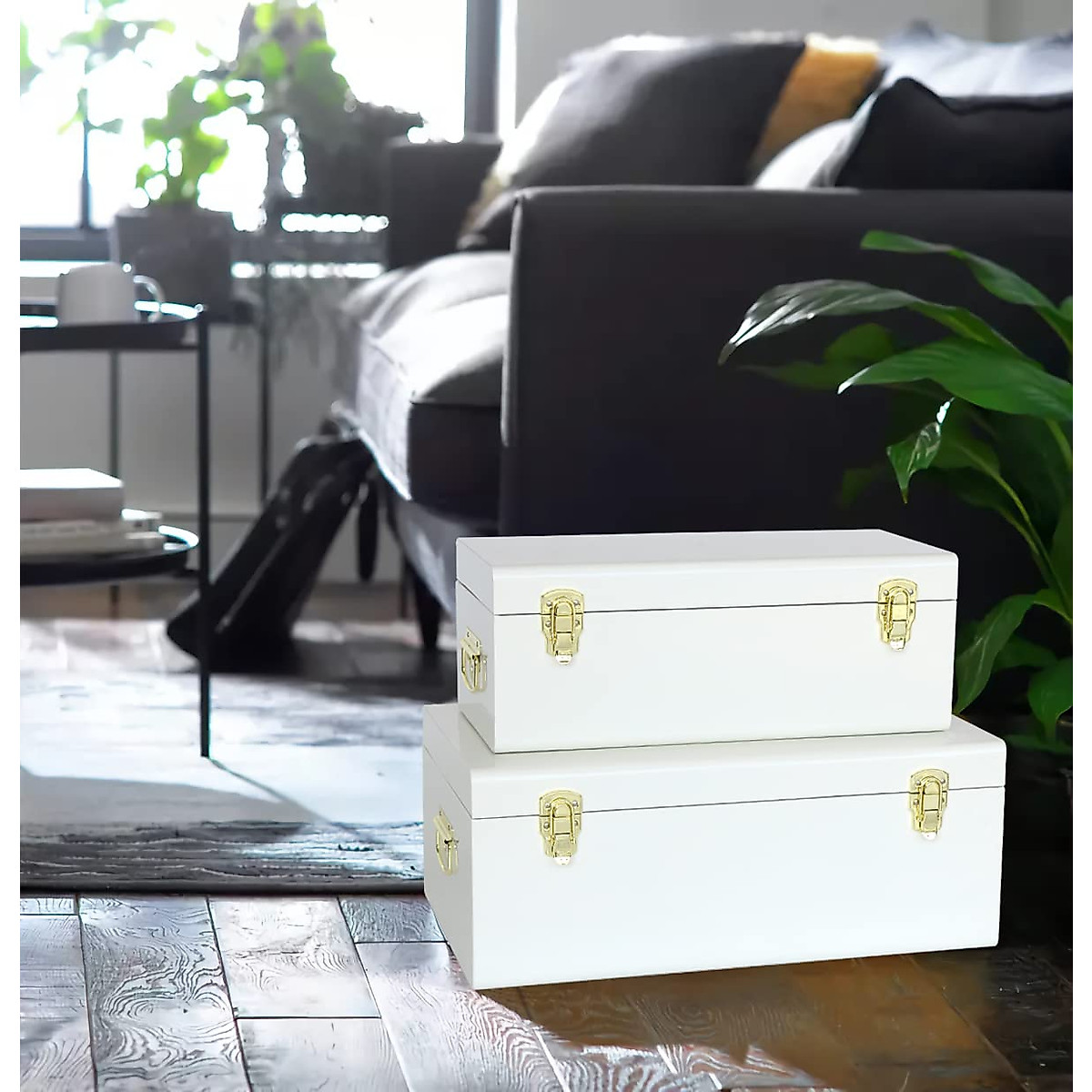 Vixdonos Metal Trunk Decorative Storage Box Set of 2 College Dorm Chest with Handle (White)