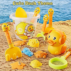 21 PCS Beach Toys with Storage Bag for Toddlers, Kids Cute Duck Theme Sand Toy Set Includes Beach Bucket, Truck, Shovel, Animal Sand Molds and Watering CanOutdoor Toys for Toddlers Kids Age 3 4 5 6+