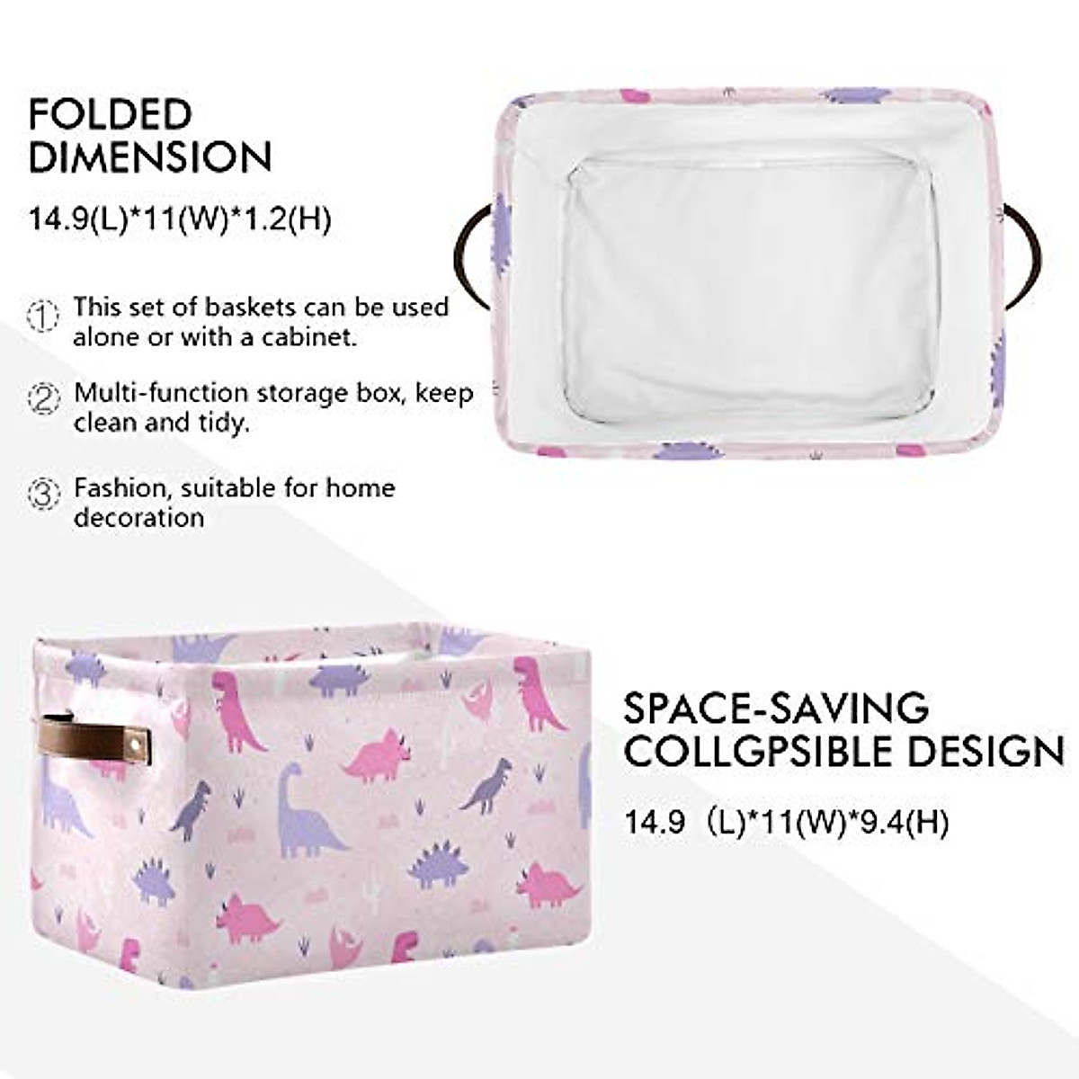 xigua Pink Cartoon Dinosaur Large Storage Basket, Foldable Storage Basket, Waterproof Coating Storage Box with Handle Toy Storage Bag, for Home School & Office, 1PCS