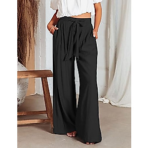 Rheane Wide Leg Pants for Women Palazzo Black Linen Flowy Pants High Waisted Smocked Waist Belt Boho Beach Holiday 2023 Fall (Black L)