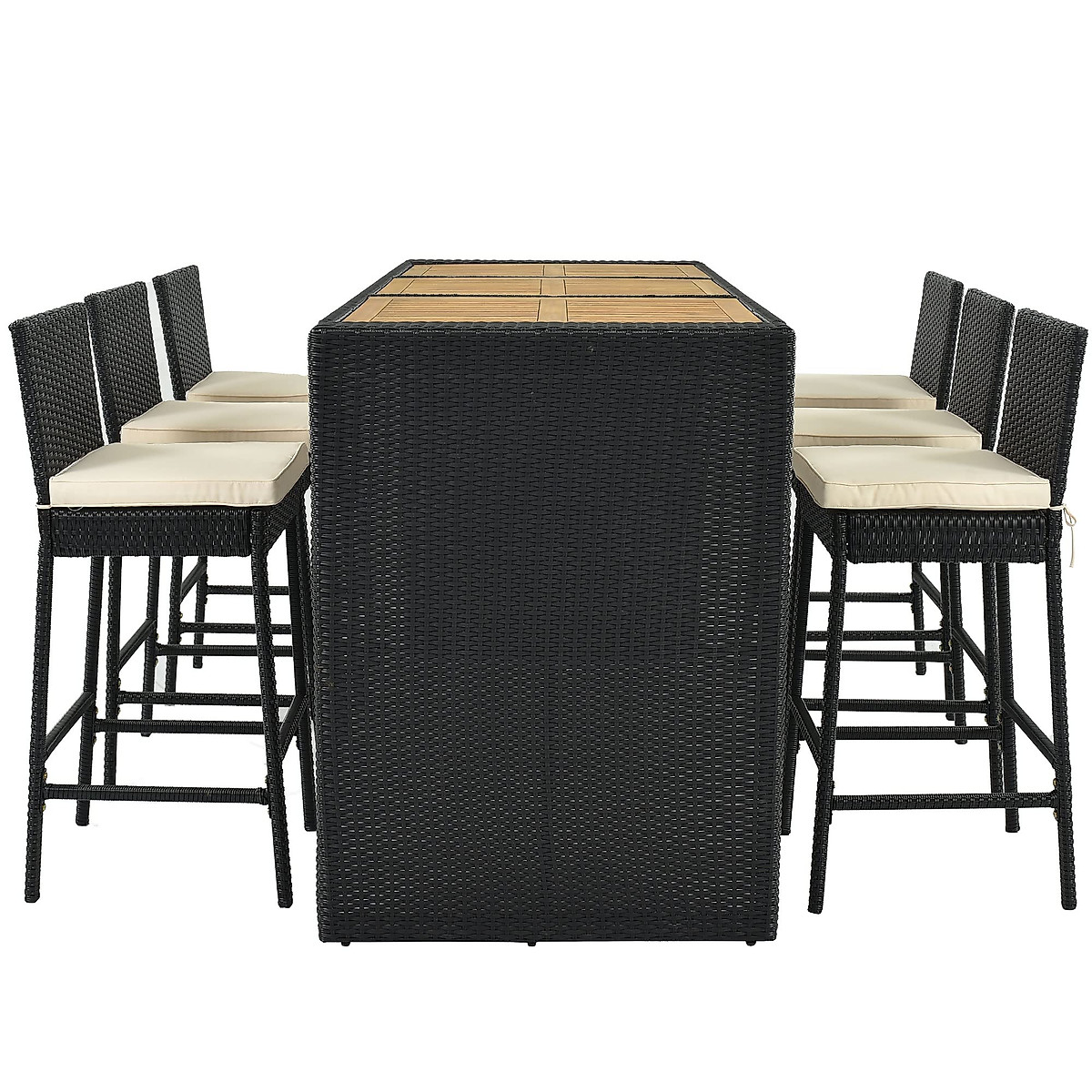 Modern Outdoor Patio Furniture Set, 7-Piece Rattan Dining Set, 6 Chairs with Cushions and PE Wicker Dining Table with Acacia Wood Tabletop, Perfect for Backyard, Garden