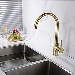 Solid Brass Kitchen Faucet Single Handle 1 Hole 360-Degree Swivel Gooseneck Bar Sink Mixer Tap, Brushed Gold