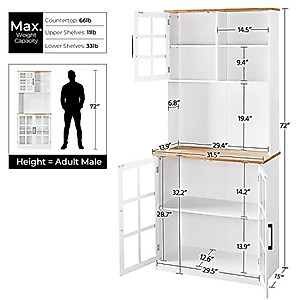 Yaheetech 72'' Kitchen Pantry Cabinet with Buffet Hutch, Storage Cabinet with Tempered Glass Doors & Rubberwood Countertop & Adjustable Shelves, Cupboard for Dinning Room/Bathroom, White