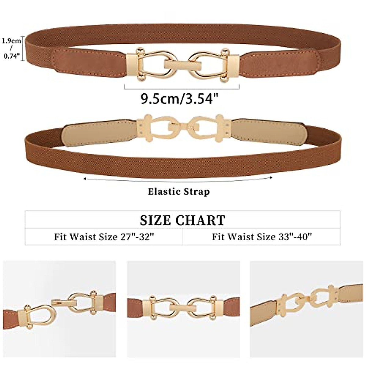 JASGOOD Women Skinny Elastic Belt for Dresses,Thin Retro Stretch Waist Belt with Golden Buckle 2 Pack,Black+Brown,Fit waist size 28-32 inch