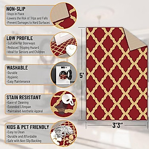 Machine Washable Trellis Design Non-Slip Rubberback 3x5 Traditional Area Rug for Living Room, Bedroom, Kitchen, 3'3 x 4'11", Red