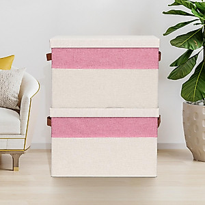 BinWhiz Fabric Storage Bins with Lids, 15x11x9.5 Inch Collapsible Organizer Baskets for Shelves, Closets, Storage Rooms, Home Decor, 2 Pack, Pink & Beige