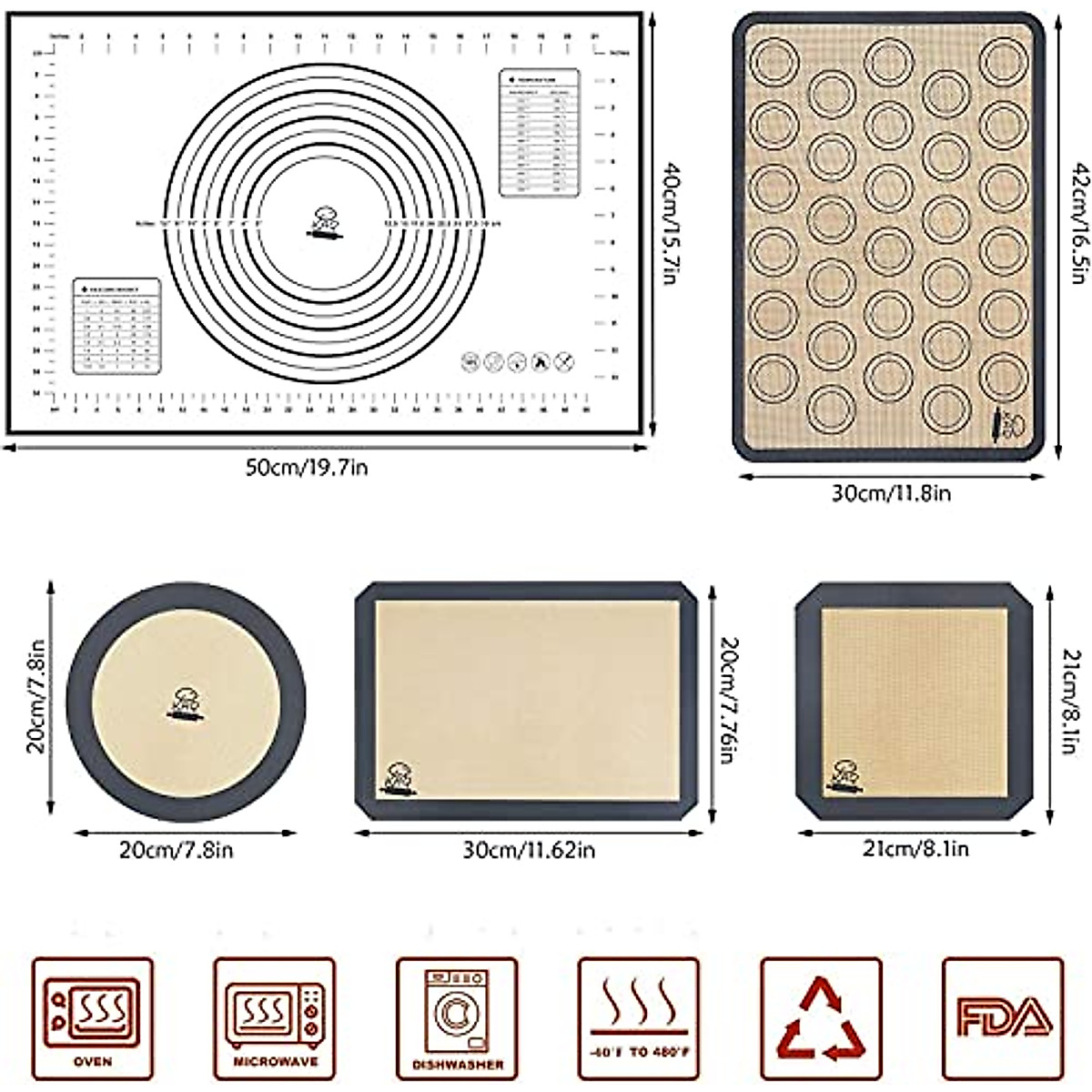 Silicone Baking Mat Set Rolling Pin Non Stick Dough Baking Sheet Pastry Mat Set for Cookie Macaroon Pizza Heat Resistant Non Slip Silicone Food Grade Sheets Mats Reusable Food Safe Liners