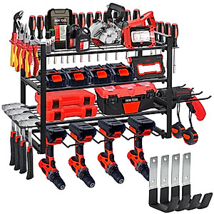 AKM TOOL Power Tool Organizer, 4 Layer Heavy Duty Drill Holder, Power Tool Organizer Wall Mount with 4 PCS Heavy Duty Steel Garage Hooks, Drill Holder Wall Mount for Garage Organization