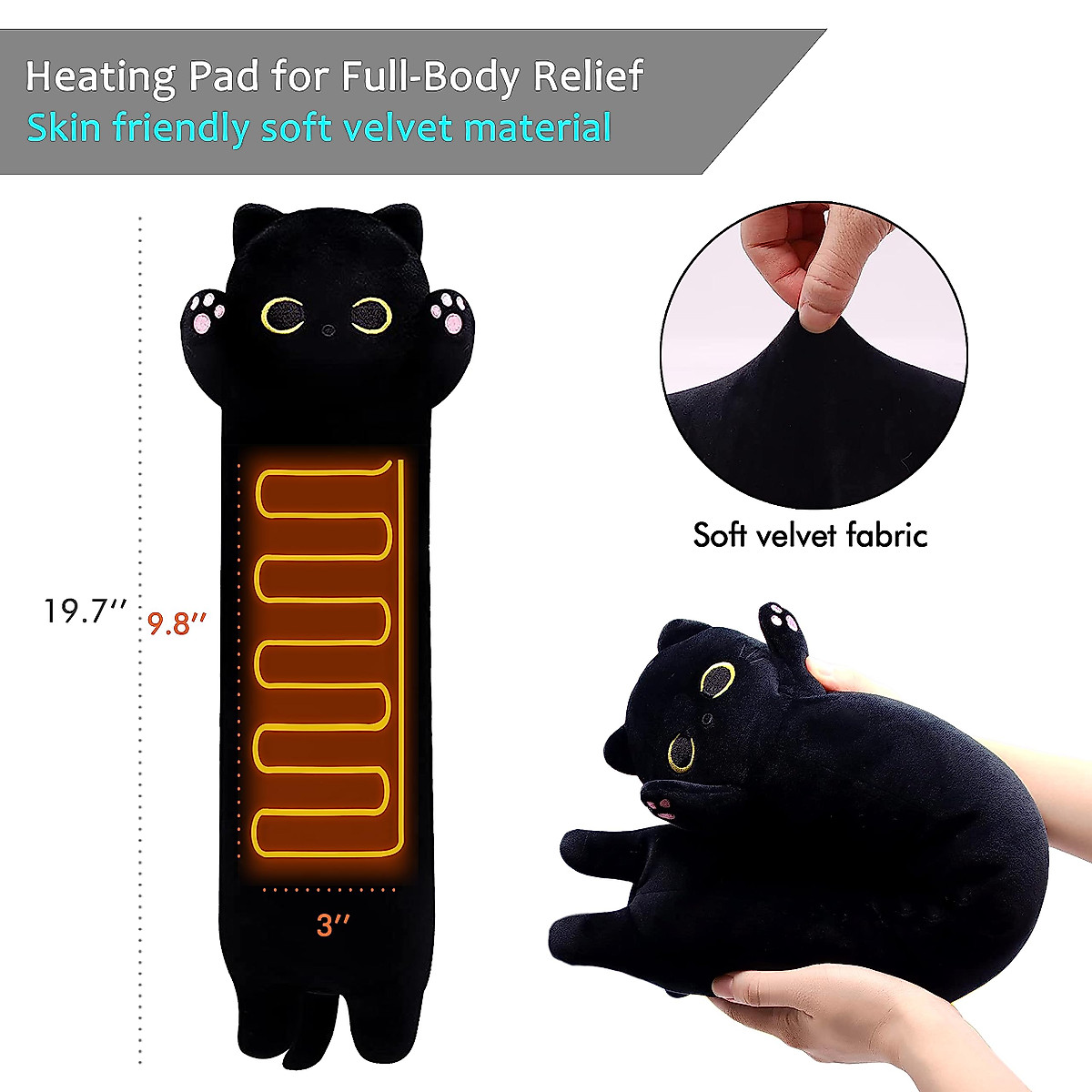 Heating Pads for Period Cramps & Menstrual Pain Relief, Portable Cute Stuffed Animal Heat Pad USB Powered for Car Trivel, Gift for Women Mom Teen Girls Birthday（Black cat2）