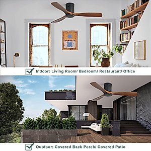 CACI Mall 52 Inch Ceiling Fan with Remote Control, Low Profile Flush Mount Ceiling Fan without Light, 3 Walnut Wood Ceiling Fan No Light, Noiseless Reversible ETL DC Motor with Timer