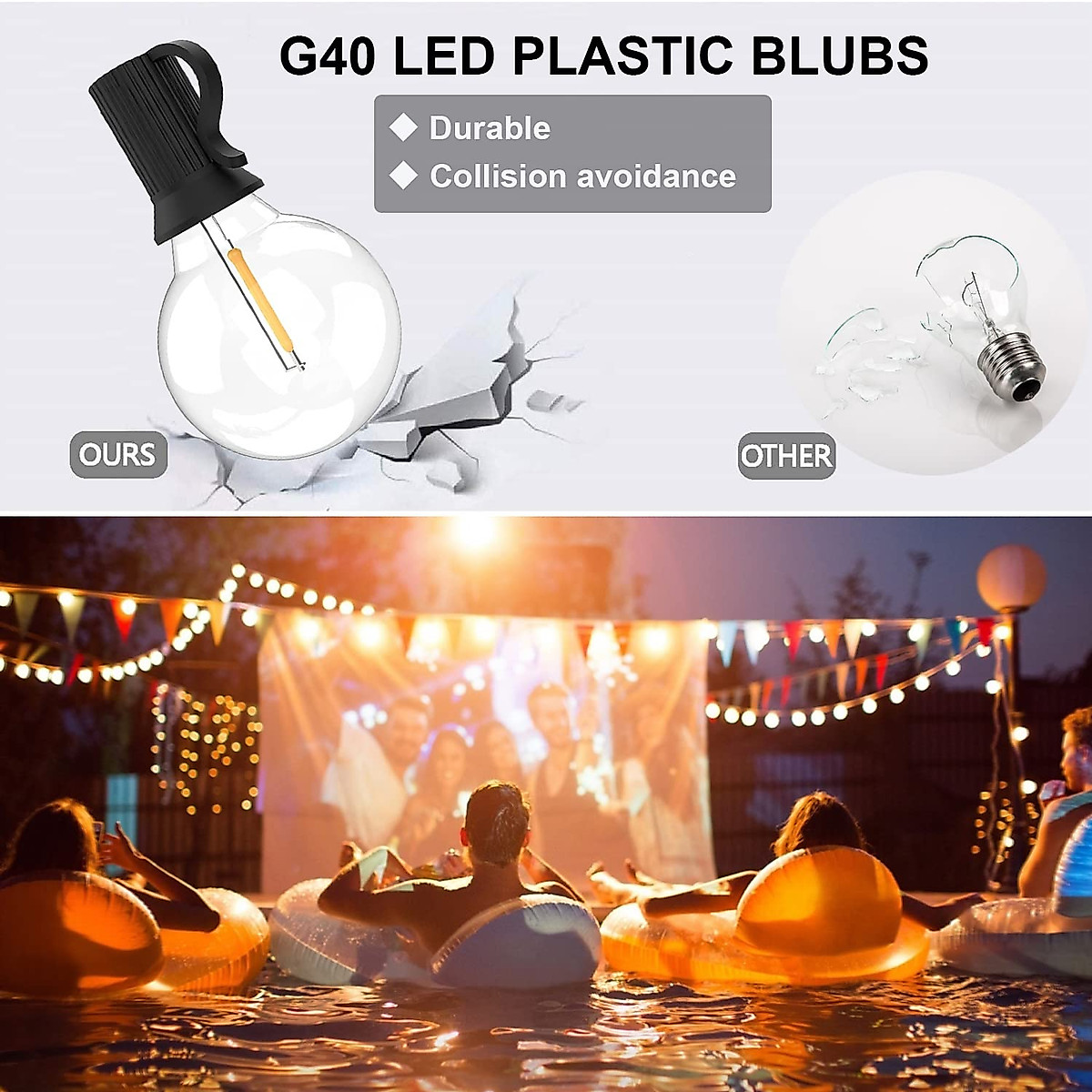 Outdoor String Lights G40 Globe LED Bulbs, Panaromia 41FT Patio Lights 30+3 Bulbs, Waterproof Shatterproof Hanging Lights for Indoor Outside Garden Home Christmas Xmas Warm White (A-LED-41ft)