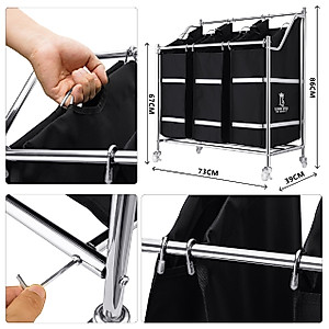 LUXURY STYLE 3- Sections Laundry Sorter, Roling Laundry Cart, Modern Golden Laundry Hamper, 3-Bags Laundry Hamper with Wheels, Laundry Basket, XL Hamper for Clothes, Toys, and Towels (Elegant Silver)