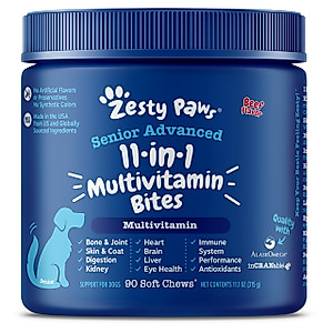 Zesty Paws Senior Dog Multivitamin Treats - Glucosamine for Dogs + Digestive Enzymes & Probiotics - Grain Free Dog Vitamins for Skin & Coat + Immune Health - Beef - Advanced - 90ct