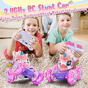 Unicorn Remote Control Car for Girls, 360° Rotating 4WD Stunt RC Cars with Cute Lights, Rechargeable Car Toys Birthday Gifts for Kids Girl Age 3 4-6 6-8