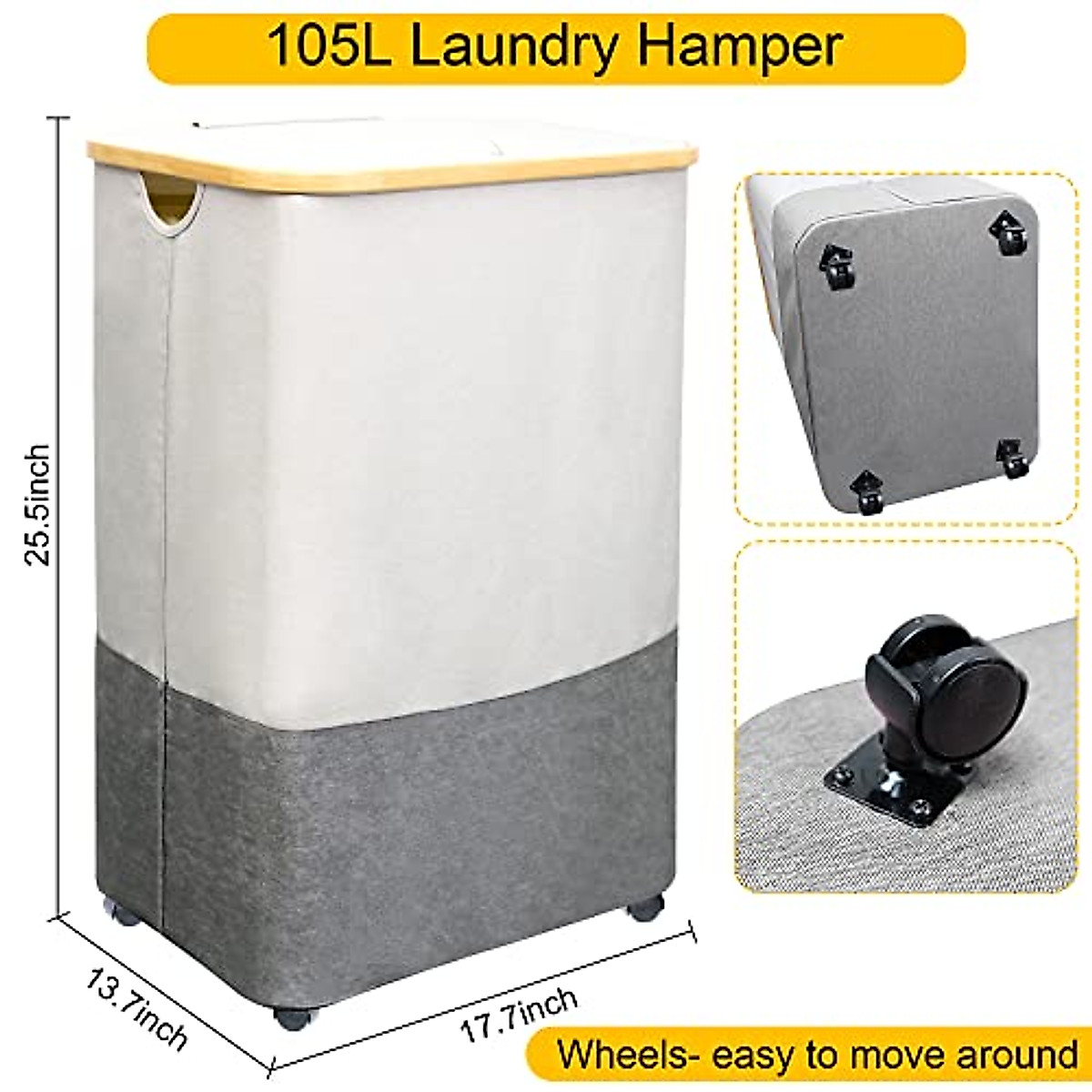 Large Laundry Hamper with Wheels, Collapsible 105L Laundry Basket with Lid for Apartment, Easy Transport Laundry Organizer with Bamboo Handle (Gray)