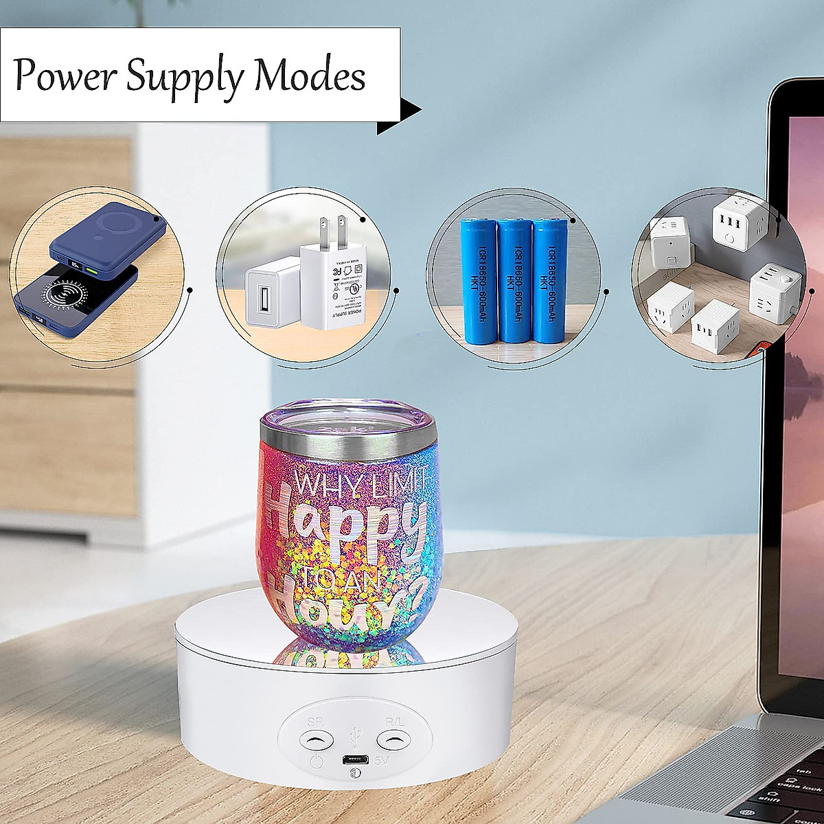 Riomh Cup Turner Rotating Display Stand for Tumblers, 360 Degree Automatic Mute Spin Turntable for Photography Display, Shooting Videos, Figures and Collections (White)