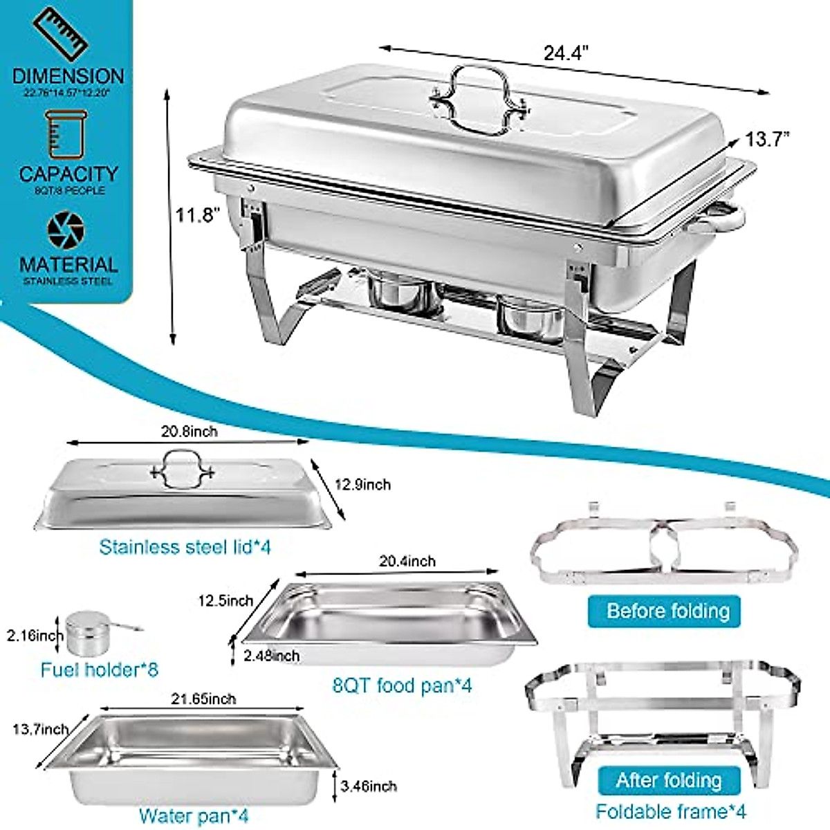 Chafing Dish Buffet Set 4 Packs,8 Quart Stainless Steel Foldable Rectangular Chafing Full Size Food Pan,Chafing Servers With Covers buffet servers and food warmers for parties wedding outdoor banquet