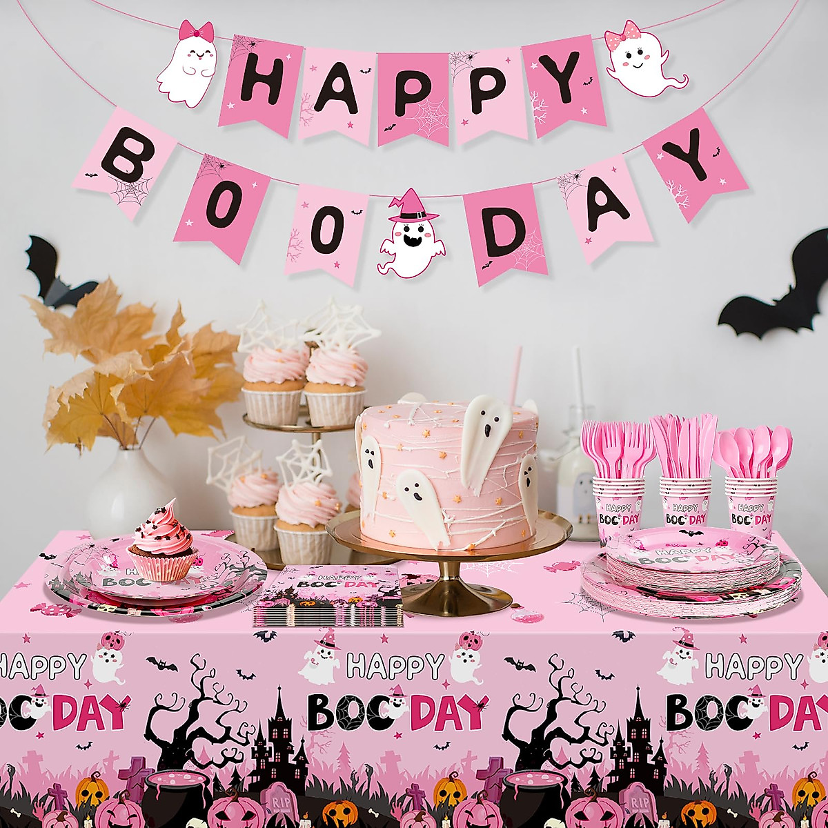 Halloween Happy Boo Day Baby Shower Party Decorations,Pink Ghost Pumpkin Disposable Tableware Paper Plates Napkins Cups Tablecloth Banner for Girl Halloween Birthday Baby Shower Party Supplies,Serve25