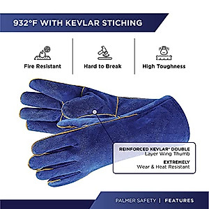 ATERET Welding Gloves 14 Inch Heat/Fire Resistant Leather Gloves for Mig, Tig, BBQ, Camping, Furnace, Pot, Fireplace (Blue)