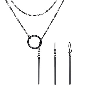 FOCALOOK Black Necklace Earrings Set for Women Long Black Lariat Chain with Drop Vertical Bar Earrings Jewelry Set