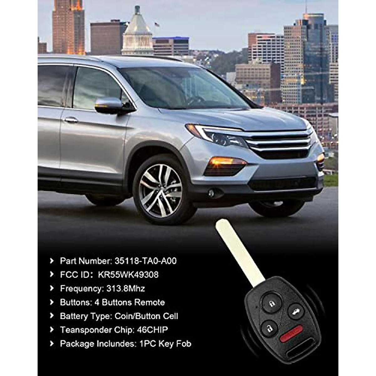 Car Key Fob Replacement Keyless Entry Remote Control Fits for Honda Pilot 2009 2010 2011 2012 2013 2014 2015/ Accord Sedan 2008-2012 Replace KR55WK49308 35118-TA0-A00