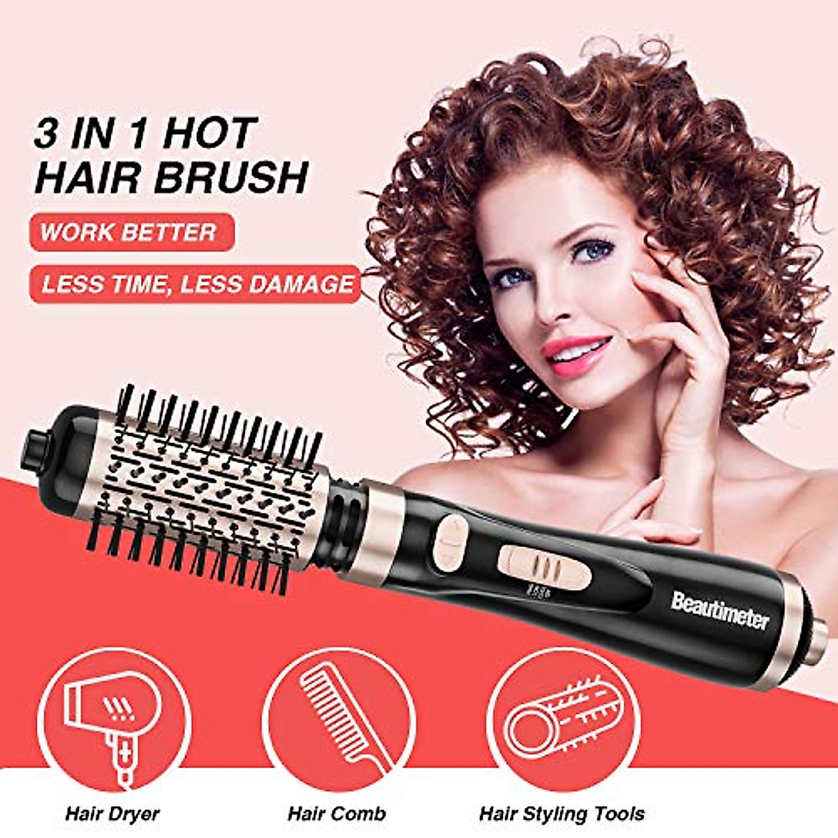 Beautimeter Hair Dryer Brush, 3-in-1 Round Hot Air Spin Brush Kit for Styling and Frizz Control, Negative Ionic Blow Hair Dryer Brush Volumizer, 2 Detachable Auto-Rotating Curling Brush, Black & Gold
