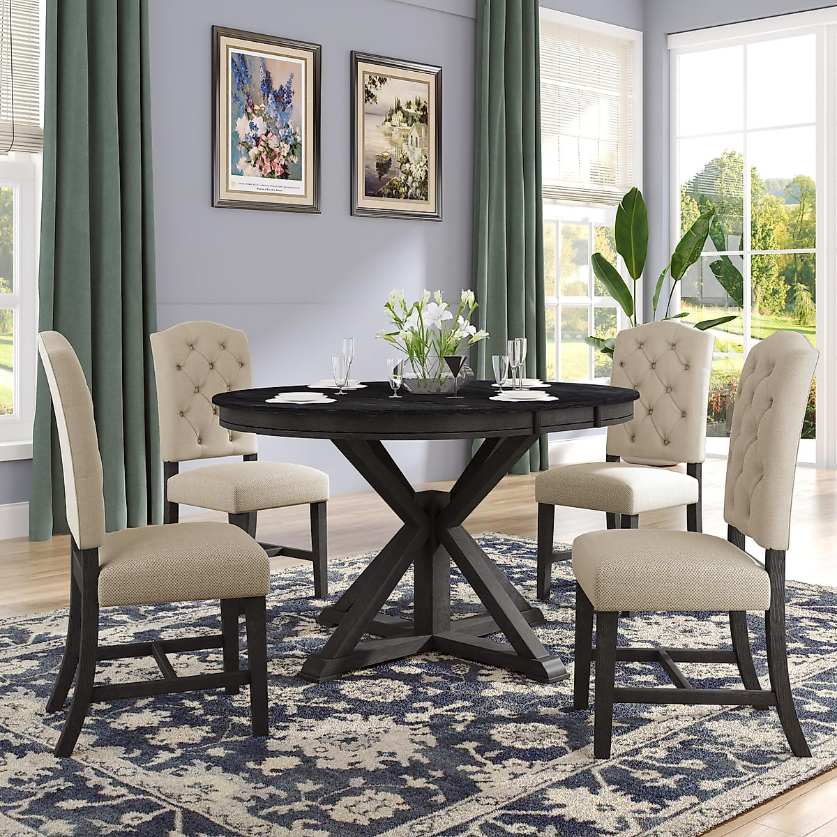 LUMISOL Wooden Extendable Round Dining Table and Chairs Set for 4-6 Persons Farmhouse 5 Piece Kitchen Table Set for Saving Space, Espresso Round