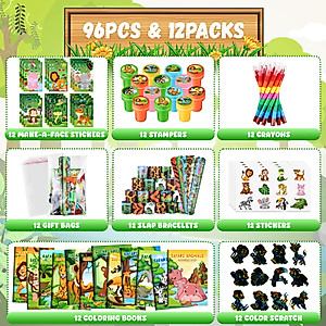 BenLouis 96Pcs Jungle Safari Party Favors Zoo Animals Coloring Books Crayons Sticker Stampers Slap Bracelets Set Bulk Classroom Prizes for Kids Wild One Party Baby Shower Goodie Bags Fillers