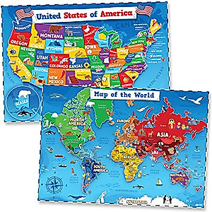 United States & World Map Poster for Kids - 2 Pc - 24 x 18 Inch Waterproof USA & Map of the World Poster - Kids US Maps for Wall Posters for Learning, Classroom, Education, Back to School Resources