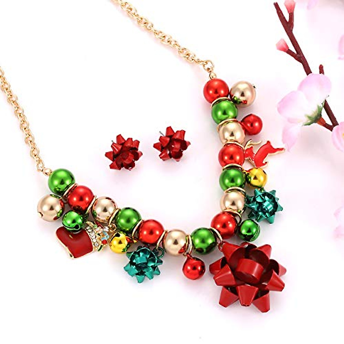 JERTOCLE Christmas Necklace Earrings Set Statement Xmas Charm Jingle Bell Chunky Collar Gift Bow Pendant Necklace Stud Earrings Set (gift bow)