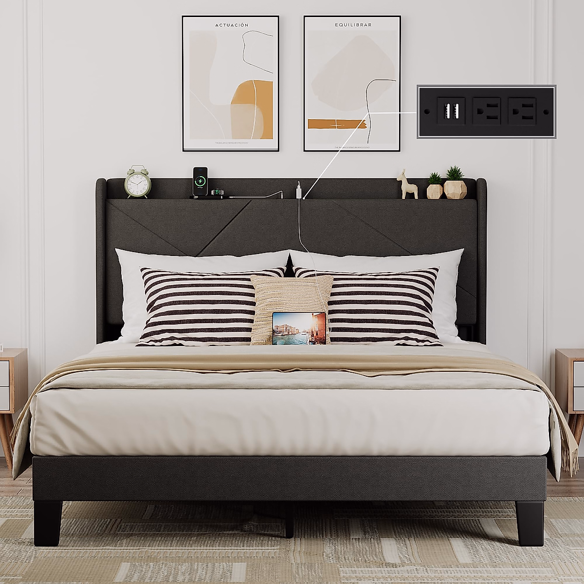 Lifezone Queen Bed Frame with Headboard, Queen Bed Frame with Charging Station, Upholstered Bed Frame with Wingback Shelf, Under-Bed Storage, No Box Spring Needed,Easily Assemble, Dark Grey